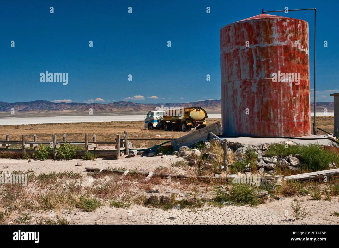 Abandoned water tower and truck at Sevier Lake, dry lake in Great Basin ...
