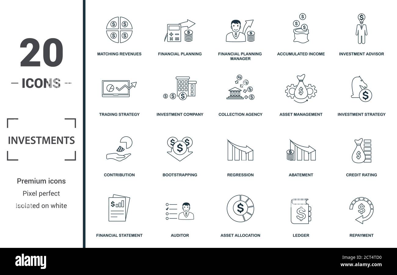Investment icon set. Monochrome sign collection with matching revenues ...