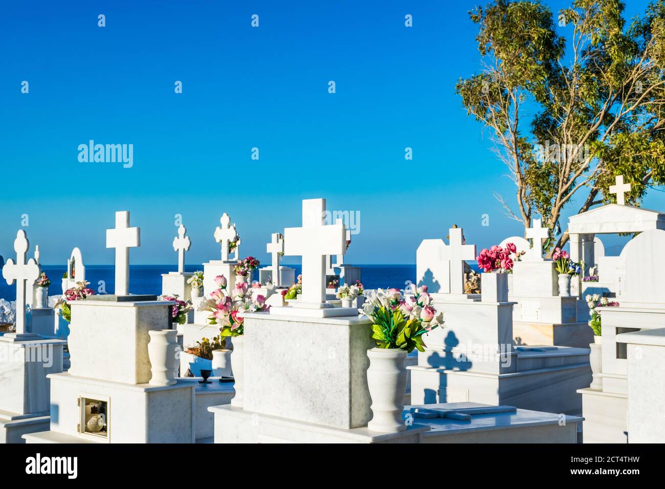 Panorama of Traditional Greek Cemetery overlooking sea in Karpathos ...