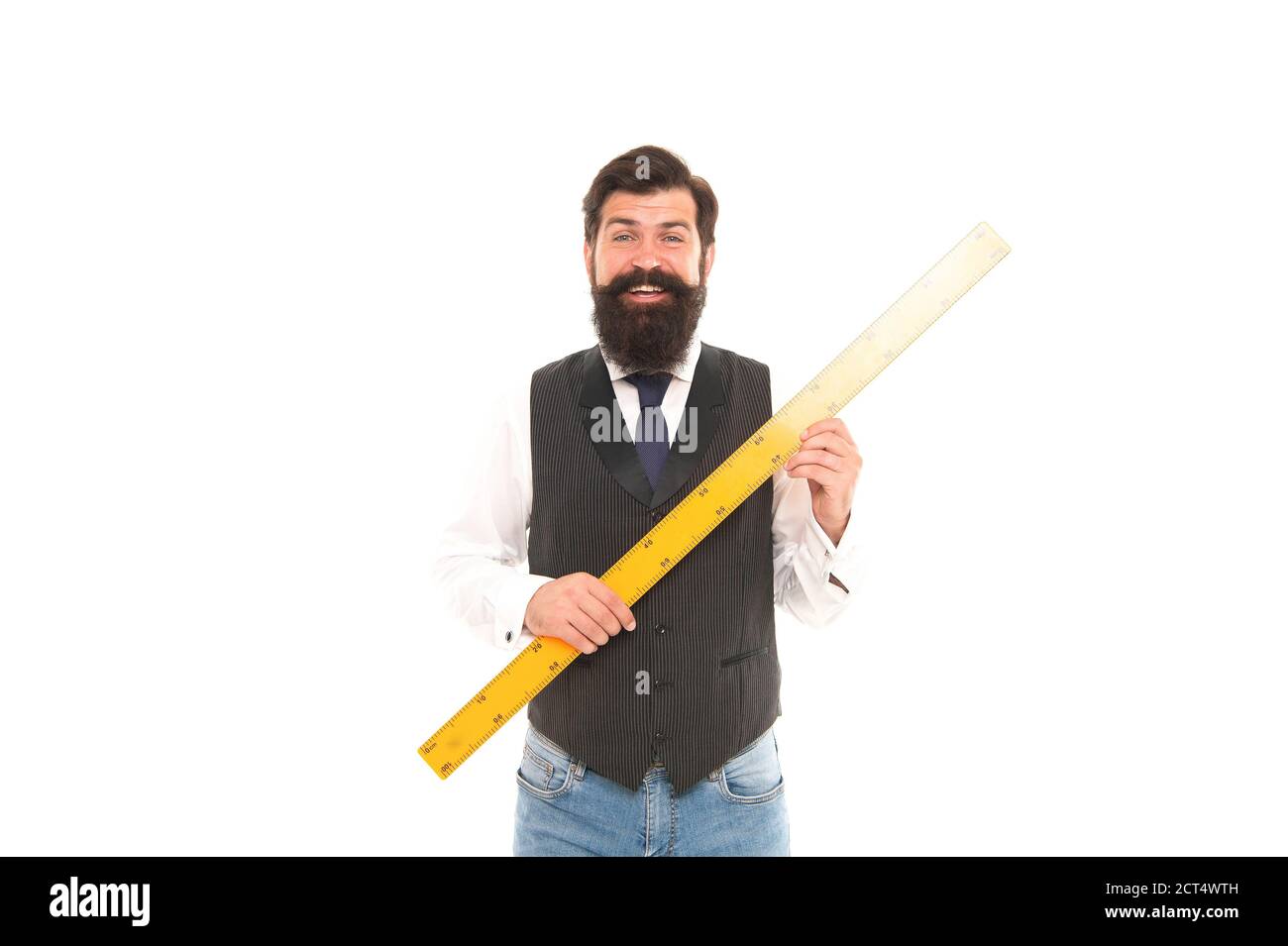 Happy school teacher hold ruler for geometry lesson isolated on white ...