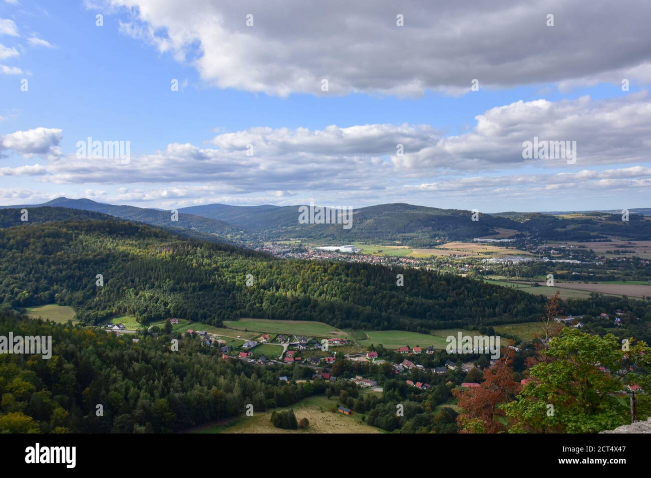 A view of green fields, forests and mountains in the Giant Mountains ...