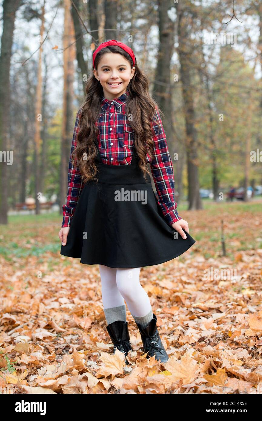 kid fashion for study. child wear uniform in fall forest. concept of ...