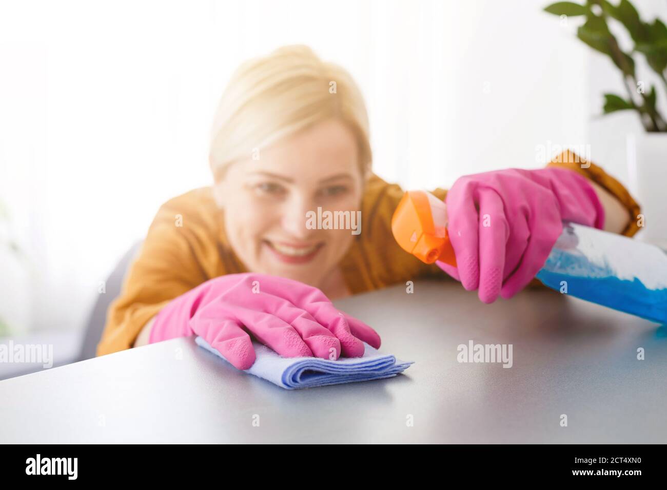 Woman cleaning the counter in the kitchen Stock Photo - Alamy