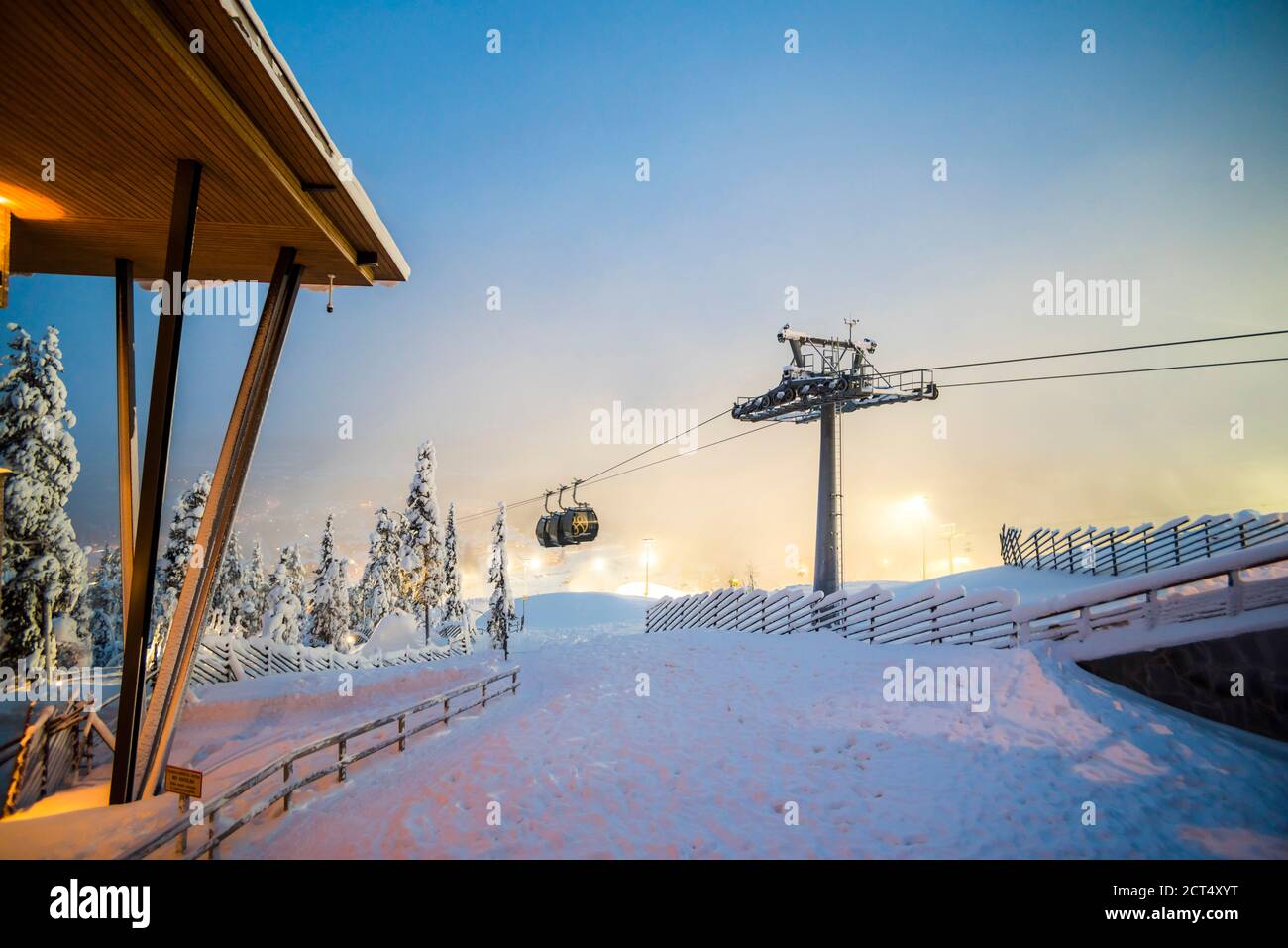 Ski lifts and ski slopes in the ski resort of Levi inside the Arctic ...
