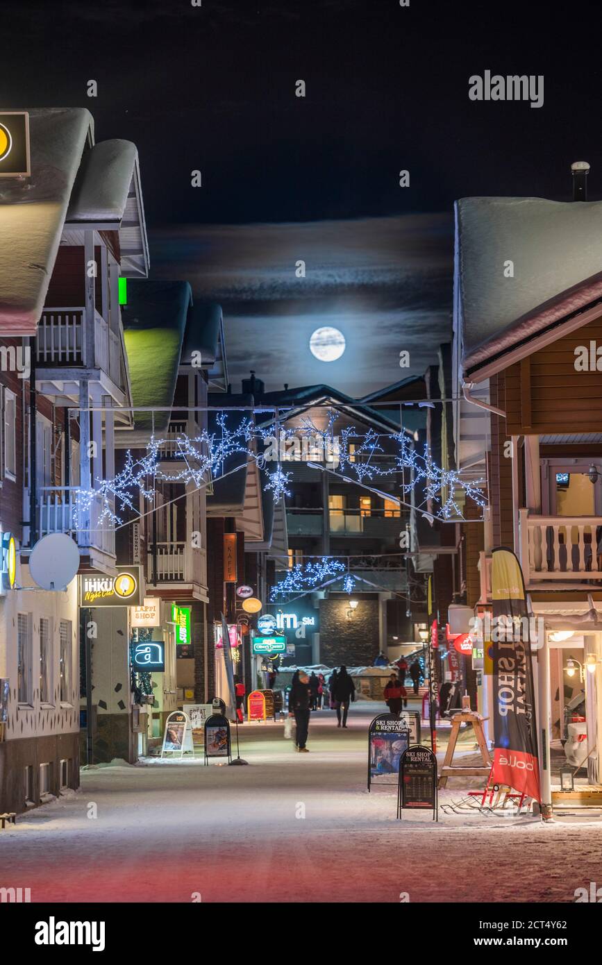 Moon over the ski resort town of Levi in the Arctic Circle in Finnish ...