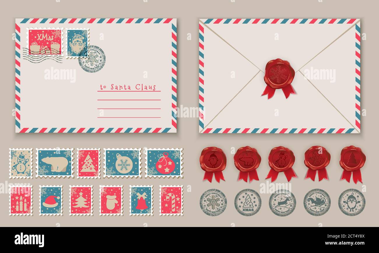 Christmas envelope with Santa in stamp and postage stamps, Snowman in ...