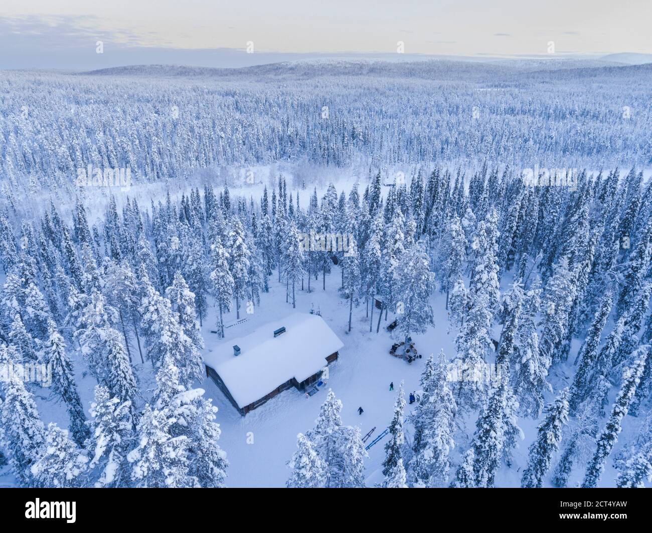 Aerial photo of a cabin in a snow covered winter forest full of trees ...