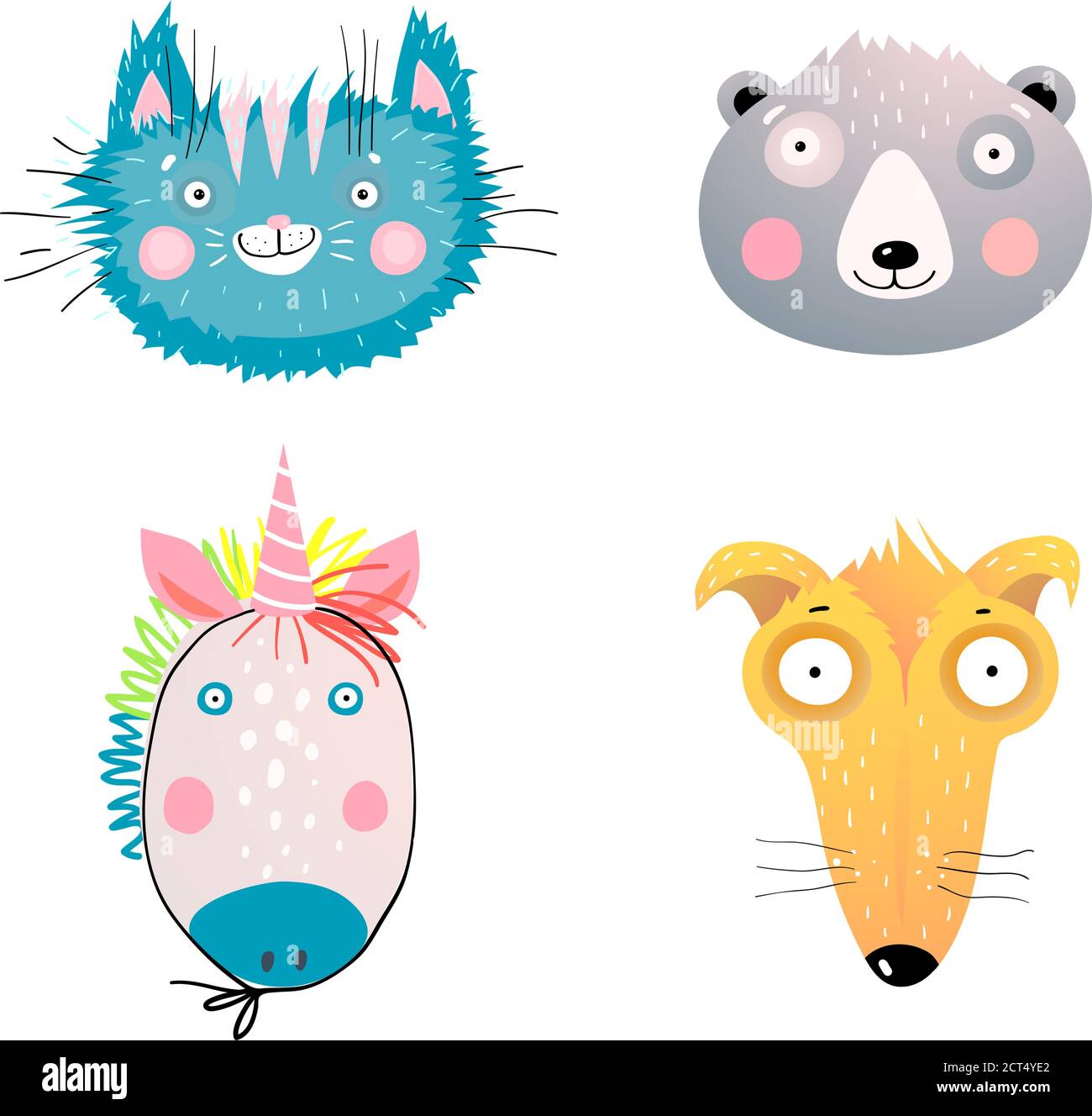 Cute animal faces flat vector illustrations set Stock Vector Image ...
