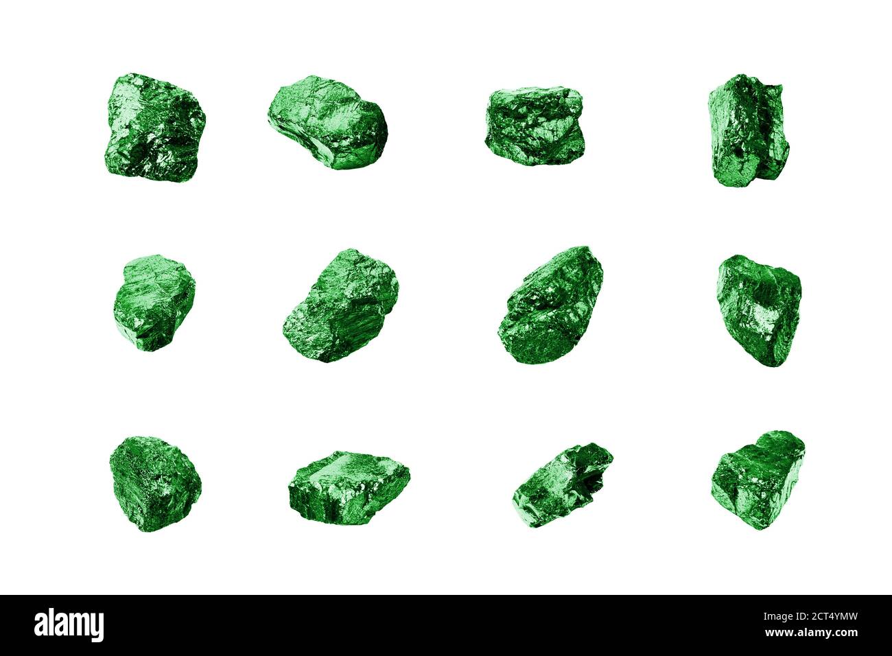 Green gem stones nuggets set white background isolated close up, raw ...