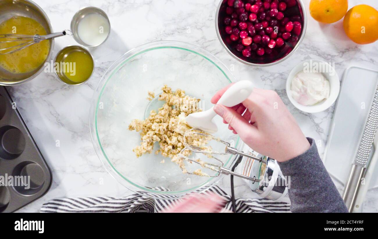 Flat lay. Step by step. Mixing ingredients in a mixing bowl to bake ...