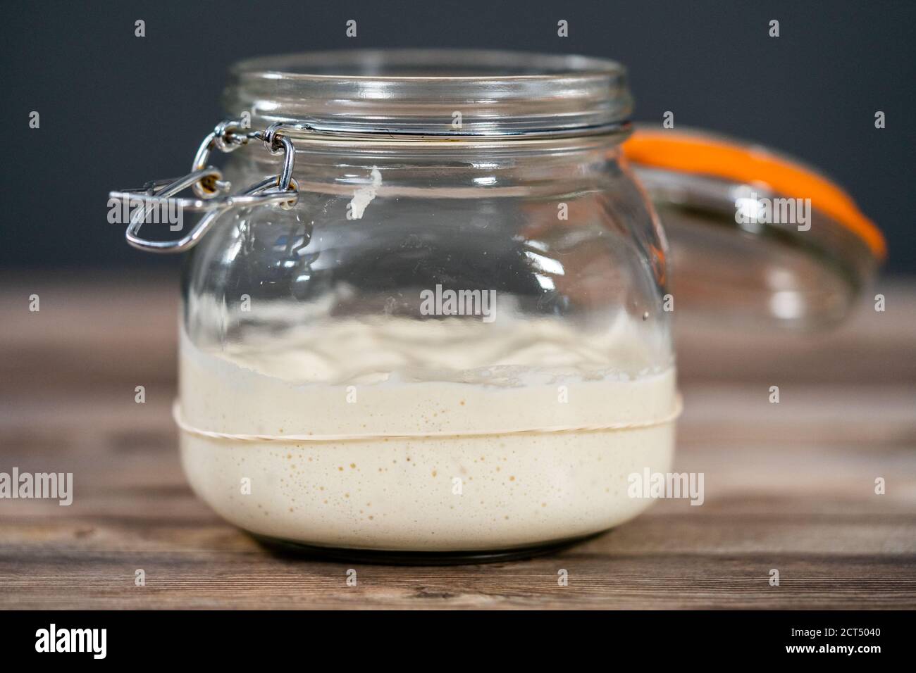 Feeding sourdough starter in a glass mason jar for baking artisan bread ...