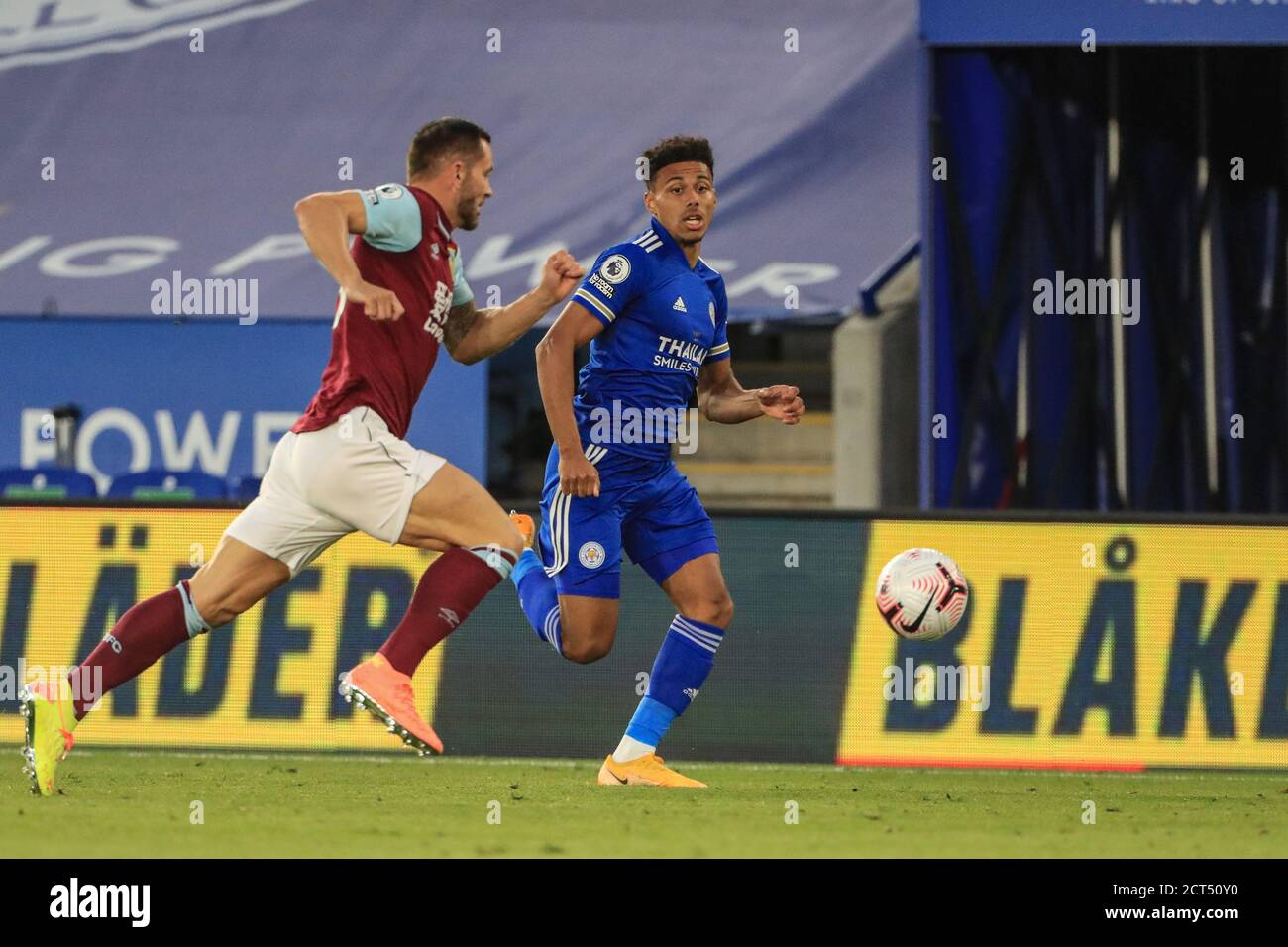 James Justin (2) of Leicester City breaks on the wing as Phil Bardsley ...