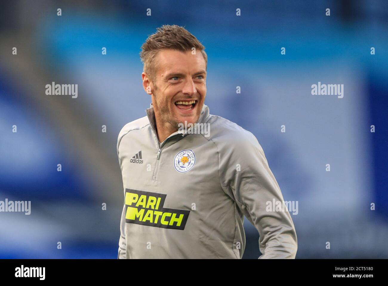 Jamie Vardy (9) of Leicester City full of smiles during the pre-game ...