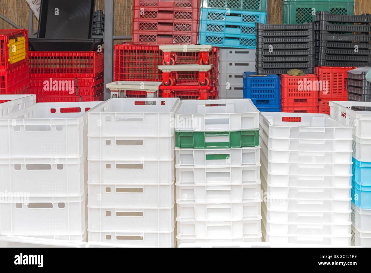 Plastic Crates and Transport Boxes at Farm Stock Photo - Alamy