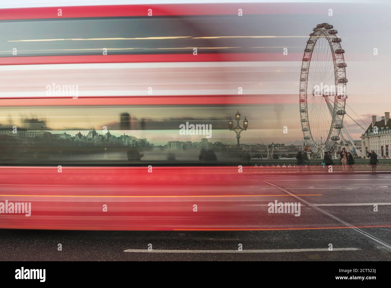The London Eye, with Red London Bus on Westminster Bridge at sunset ...