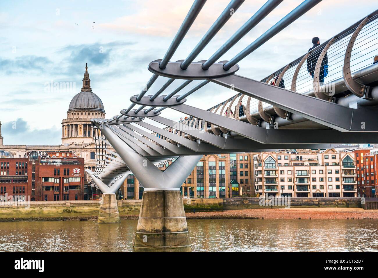 St Pauls Cathedral seen behind Millennium Bridge, City of London ...