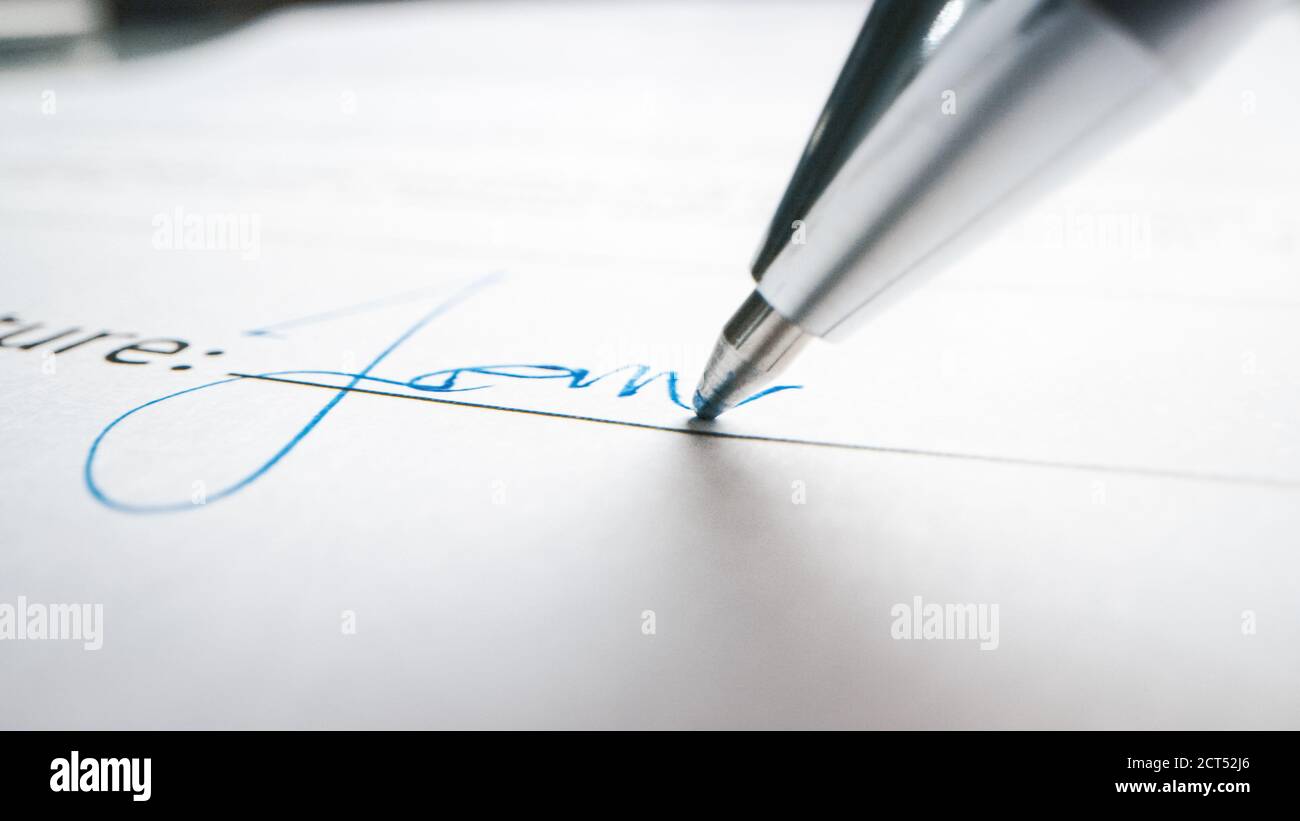 Person Signing Important Document. Camera Following Tip of the Pen as ...