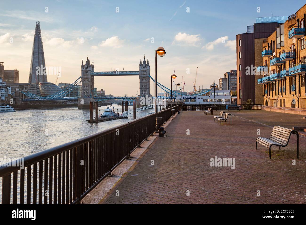 Tower Bridge and the Shard at sunset, seen behind the River Thames ...