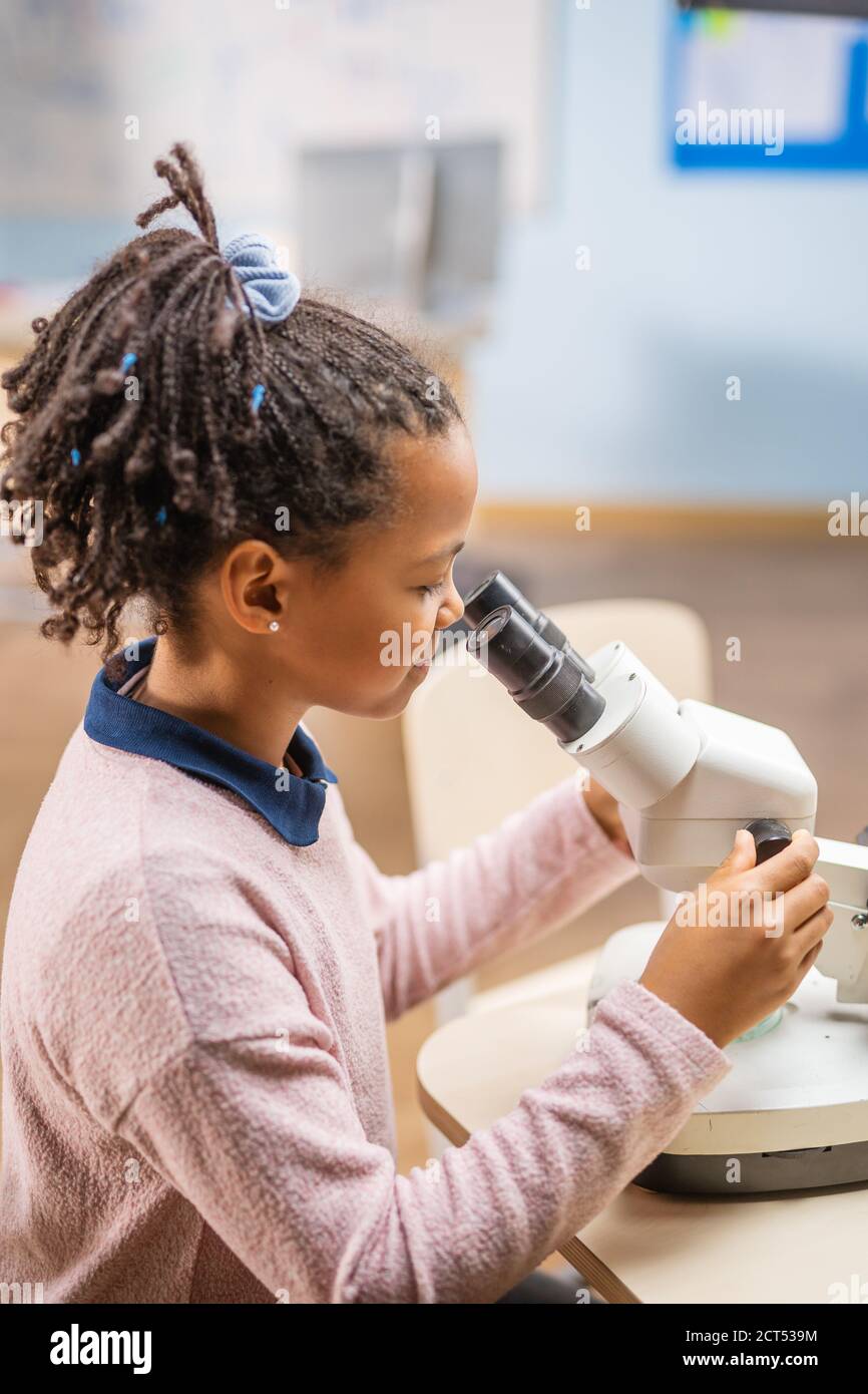 Portrait of Smart Little Schoolgirl Looking Under the Microscope. In ...