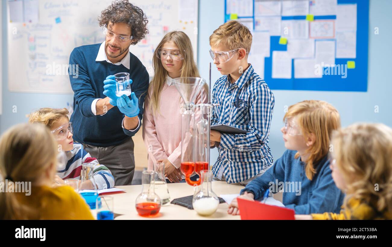 Elementary School Science Classroom: Enthusiastic Teacher Explains ...