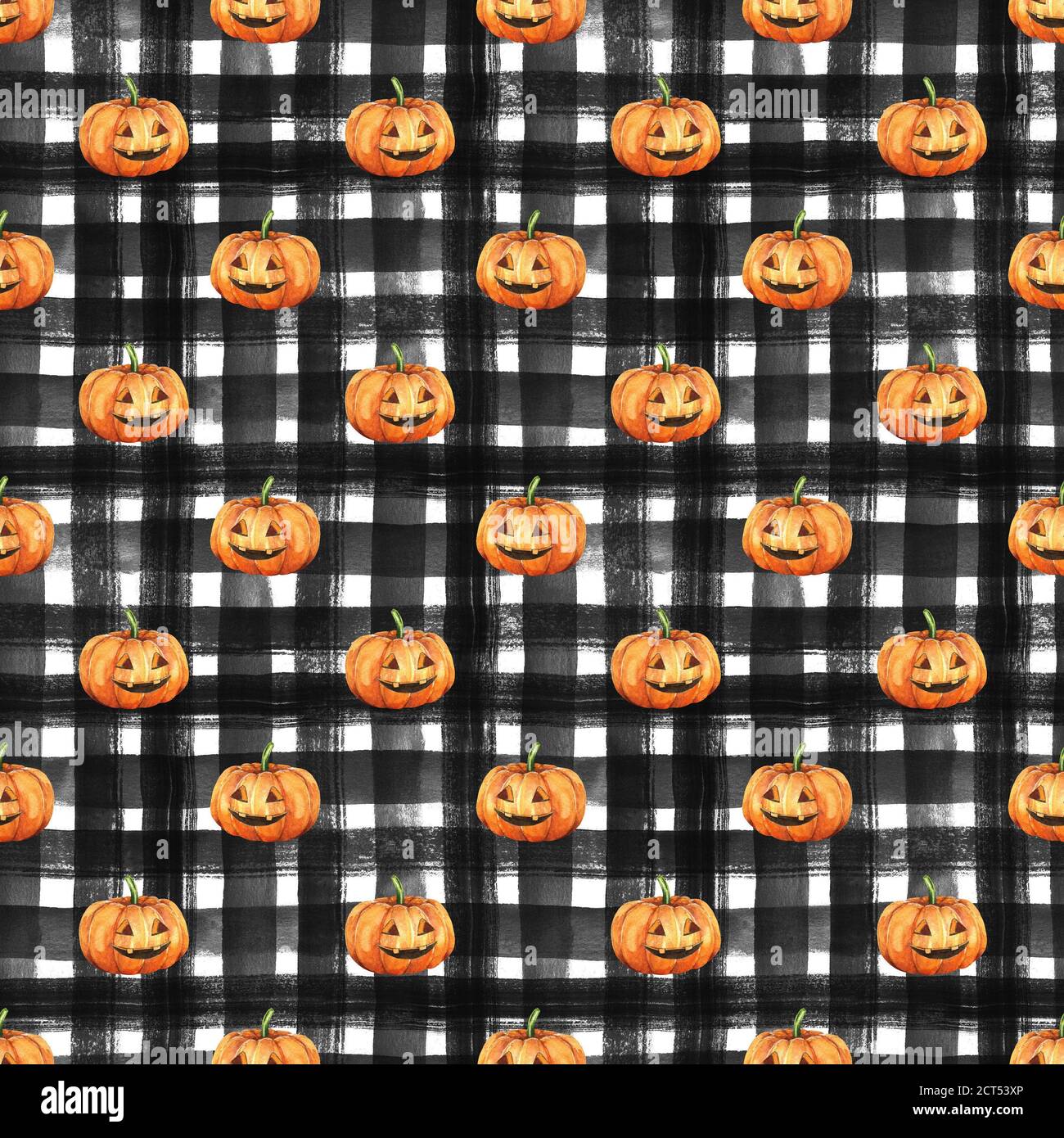 Seamless halloween pattern design. Watercolor pumpkins on checkered ...