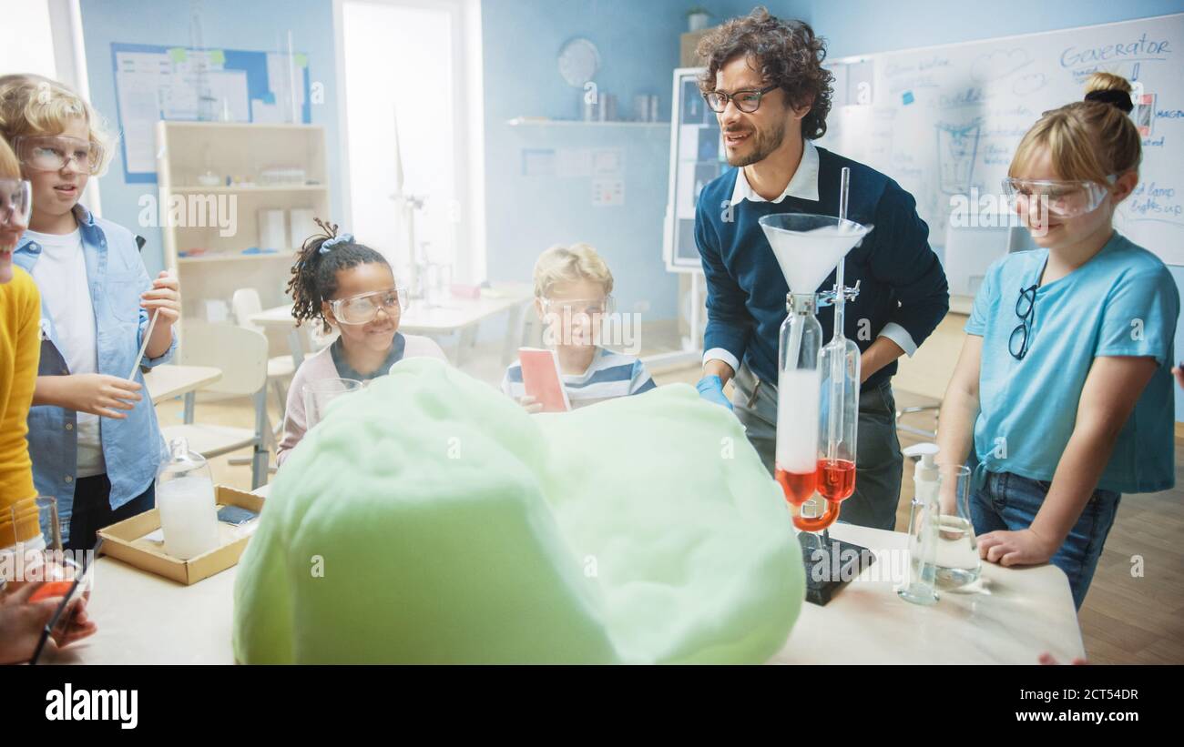 Elementary School Chemistry Classroom: Enthusiastic Teacher Teaches ...
