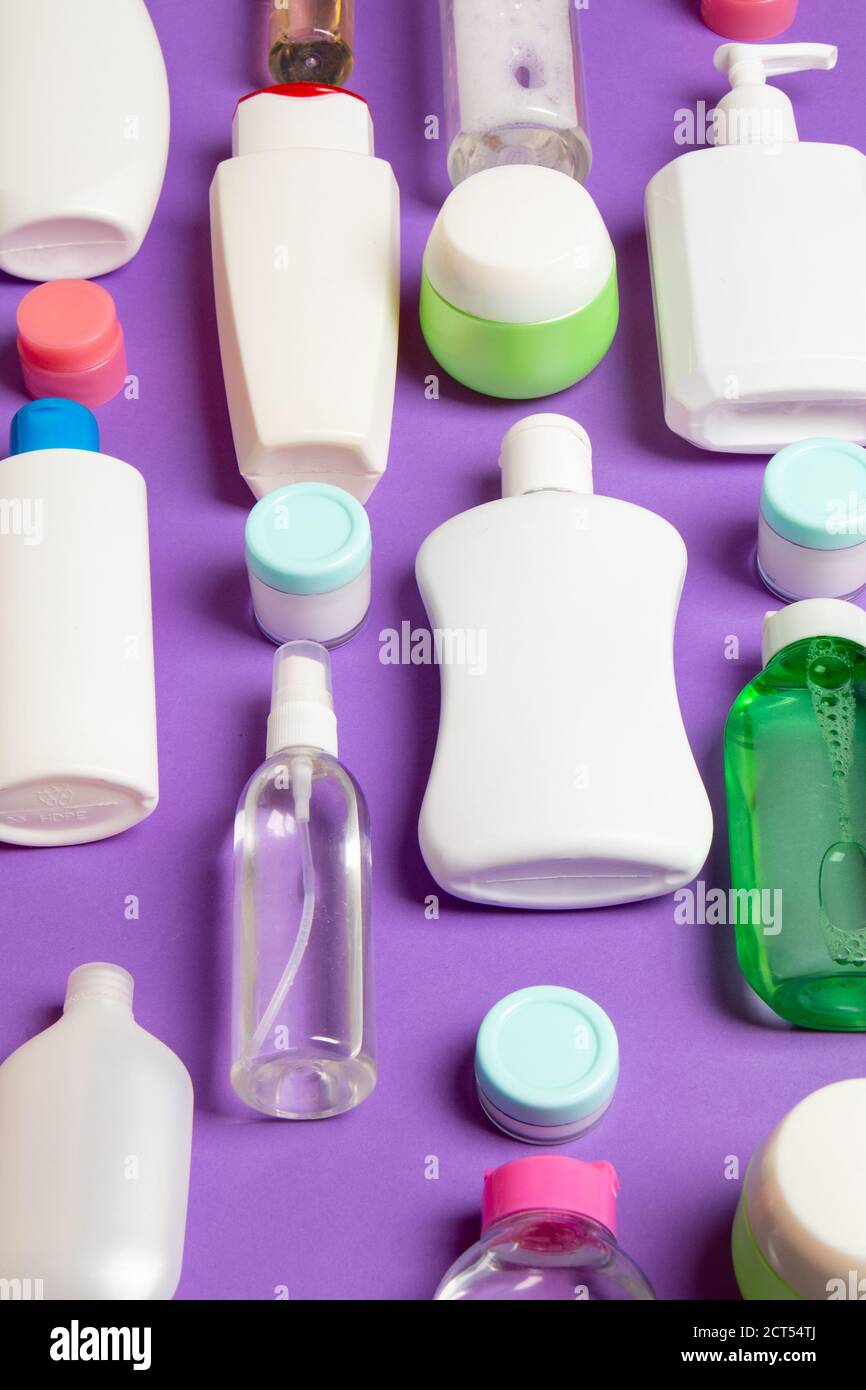 Group of plastic bodycare bottle Flat lay composition with cosmetic ...