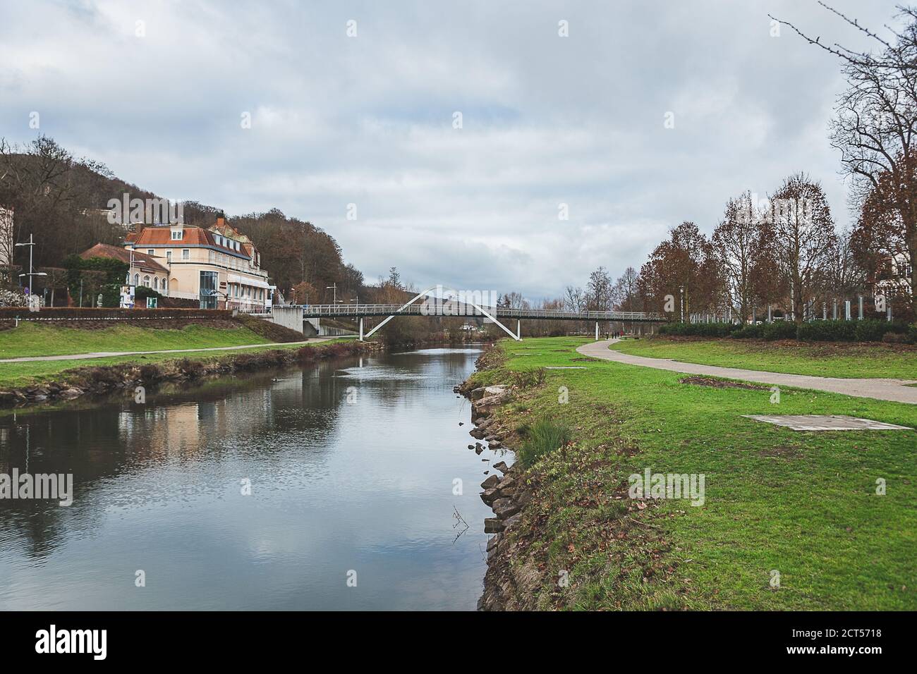 The footbridge over the Franconian Saale River in Bad Kissingen, one of ...