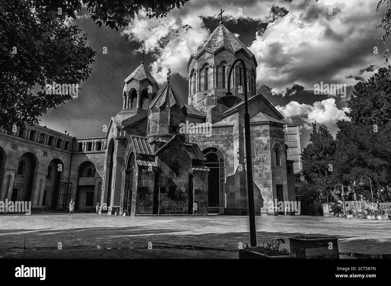 Grayscale low angle shot of the Holy Mother of God Kathoghike Church in ...