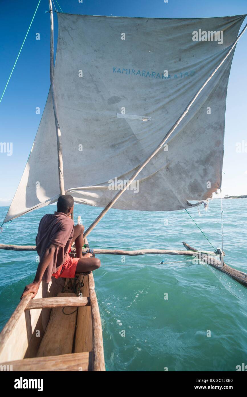 Pirogue, a traditional Madagascar sailing boat using a dugout canoe ...