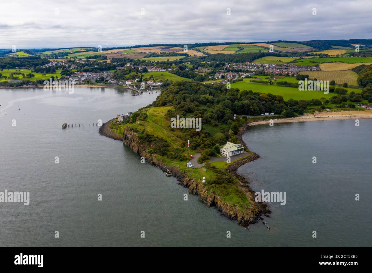 Aerial view of Aberdour village, and silver sands beach, Fife, Scotland ...