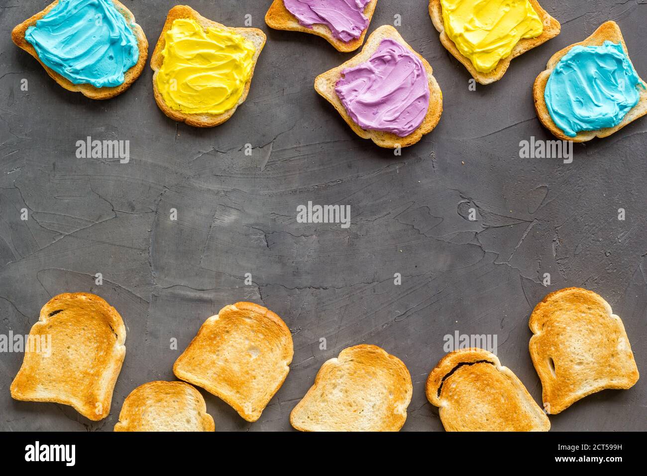 Frame of cheese spread toast bread. Food background, top view Stock ...
