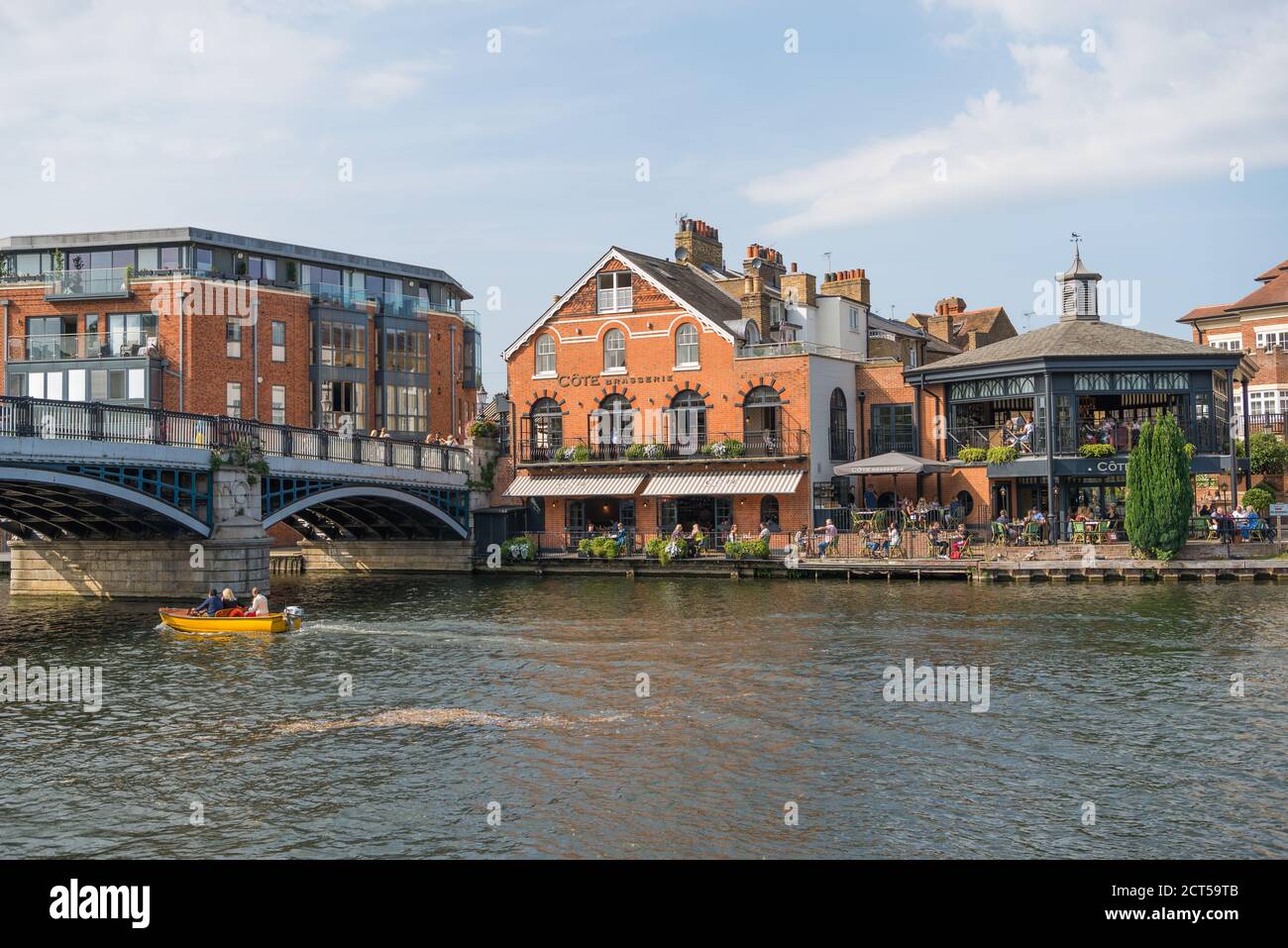 View towards Eton from Windsor side of river Thames. People at outdoor ...