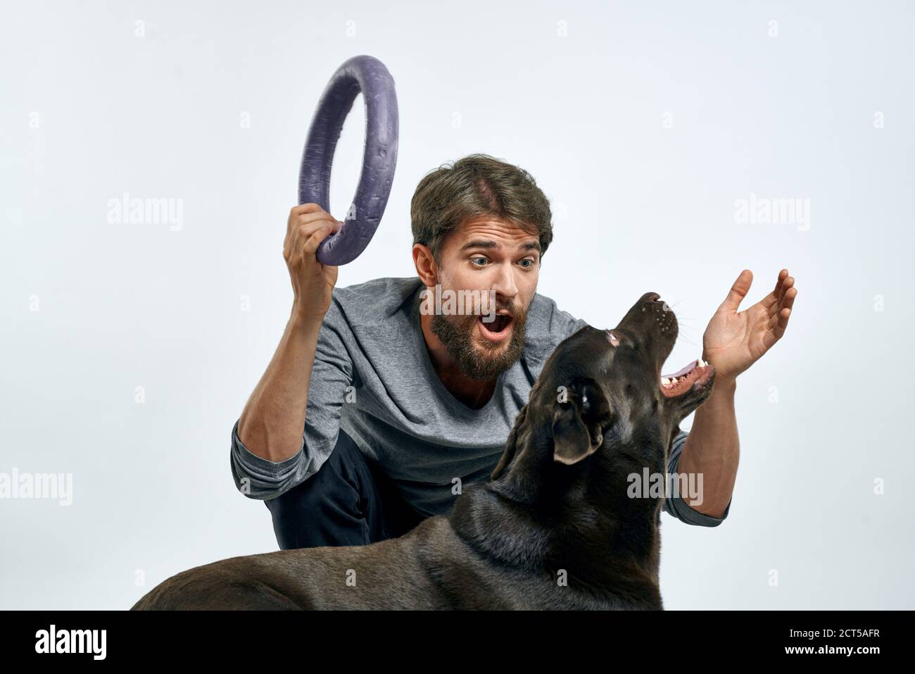 happy owner with pet black dog training model emotions Stock Photo - Alamy