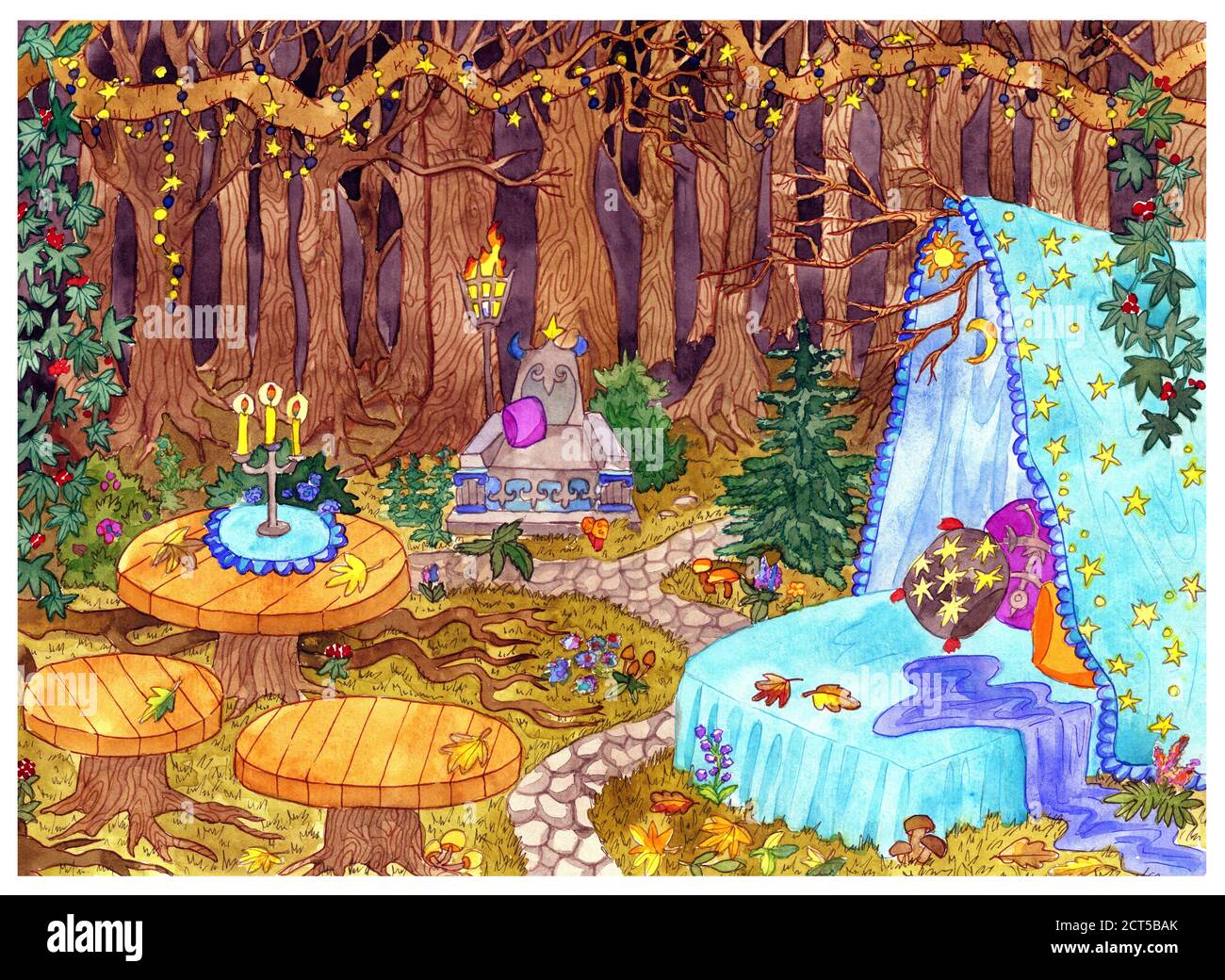 The Witch place. Mystic scene with bed, tables and throne in fable ...