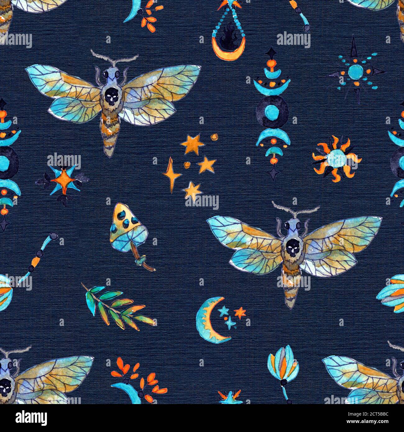 Seamless pattern with moth butterfly and magic elements on blue. Mystic ...