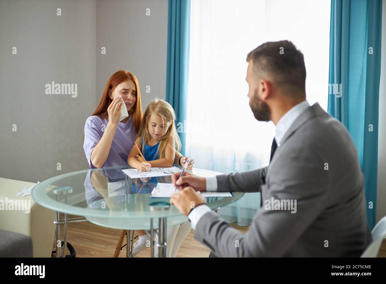 responsive caucasian psychologist support single mother with child ...