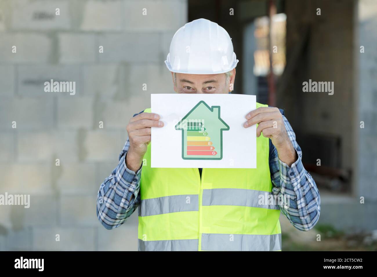 worker with an energy rating sign Stock Photo - Alamy