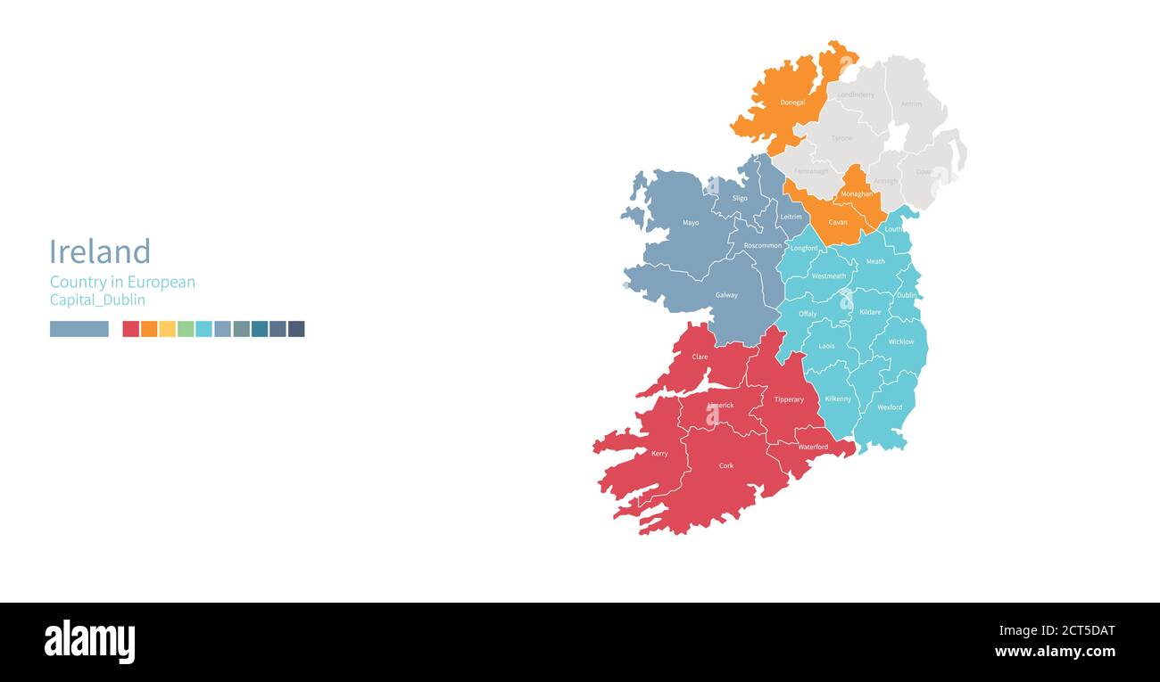 Ireland map. Colorful detailed vector map of the European country Stock ...