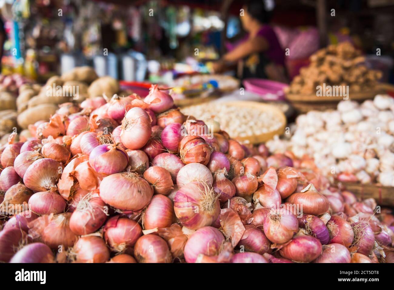 Onions at a street market in Downtown Yangon (Rangoon), Myanmar (Burma ...