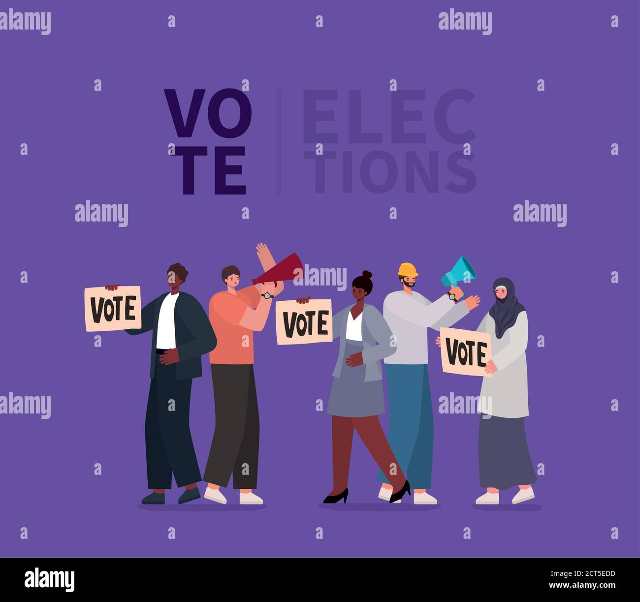 Women and men cartoons with vote banners and megaphones on purple ...