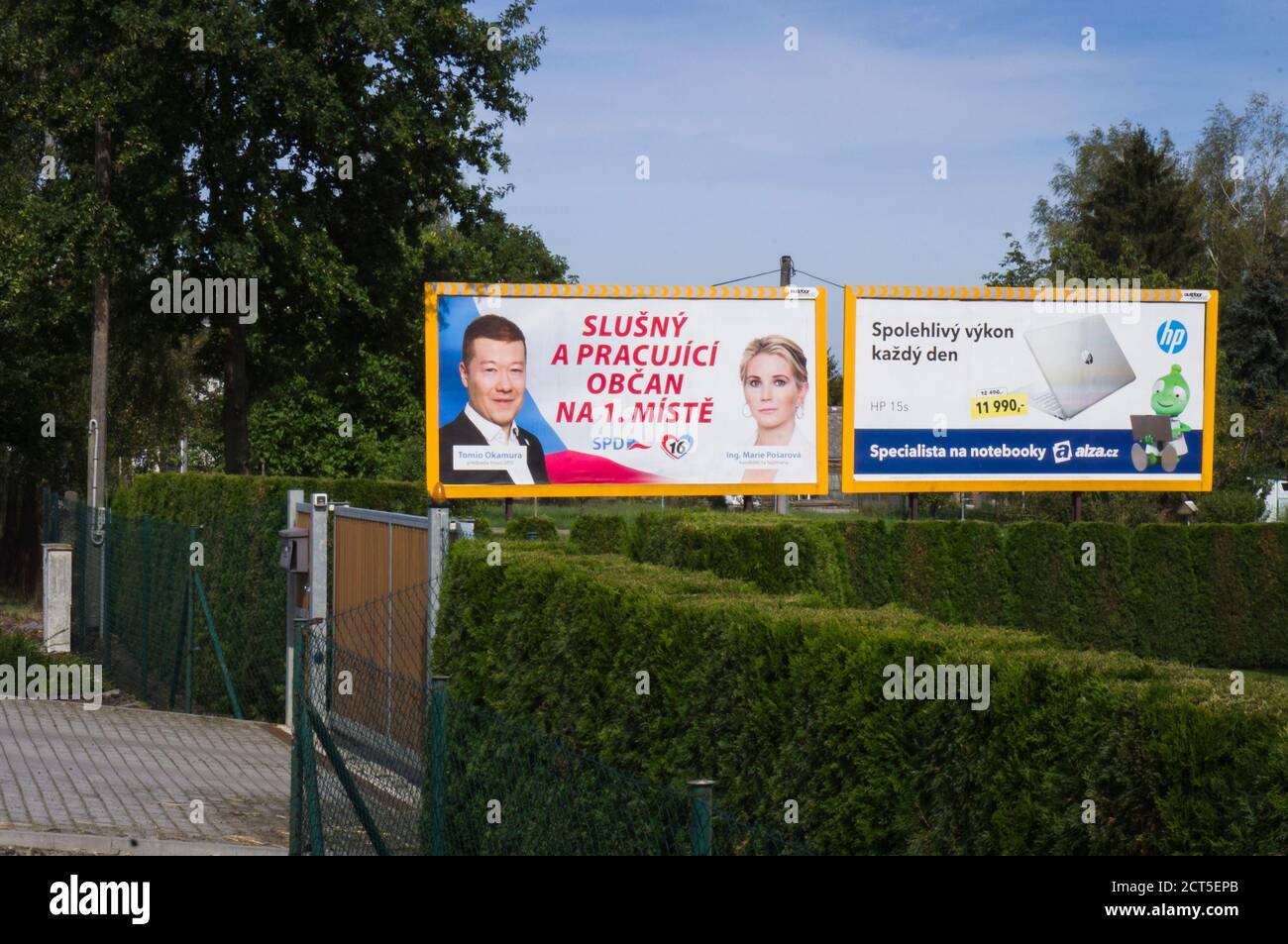 October 2-3, 2020, Czech regional elections billboard bearing Tomio ...