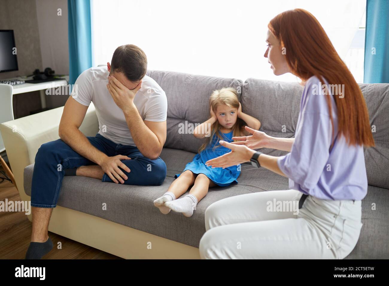 young caucasian parents argue at home, have quarrel, scream at each ...