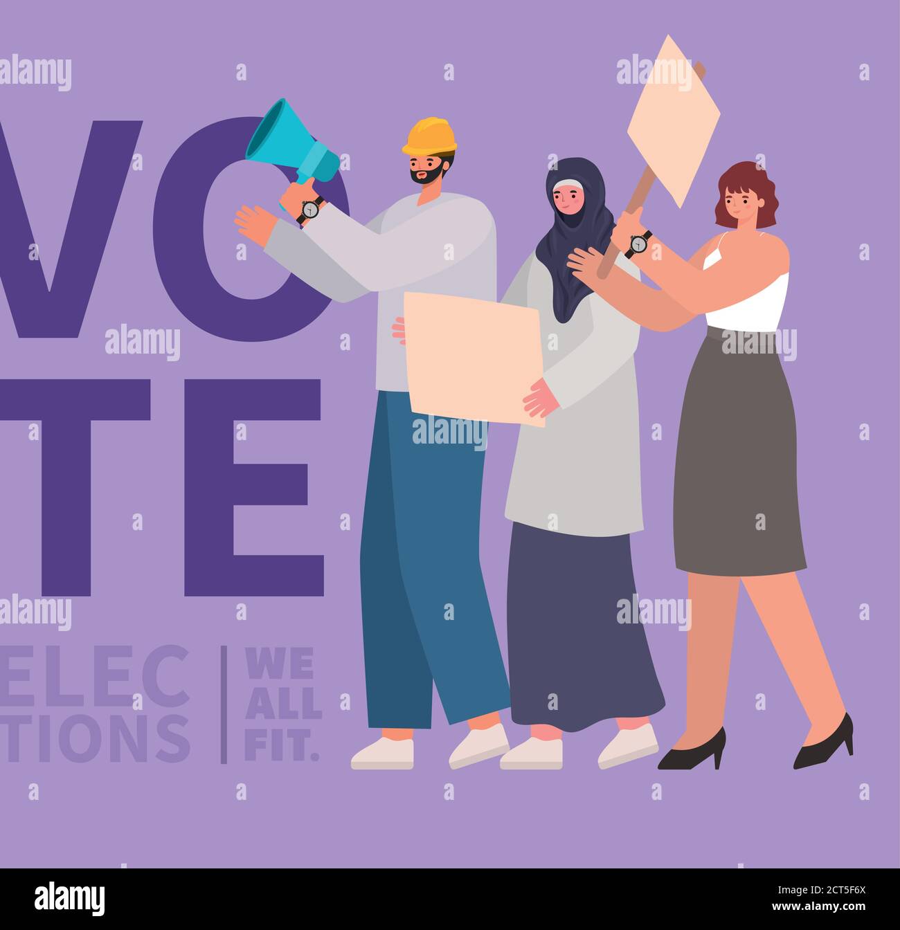 Women and man cartoons with vote banners and megaphone vector design ...