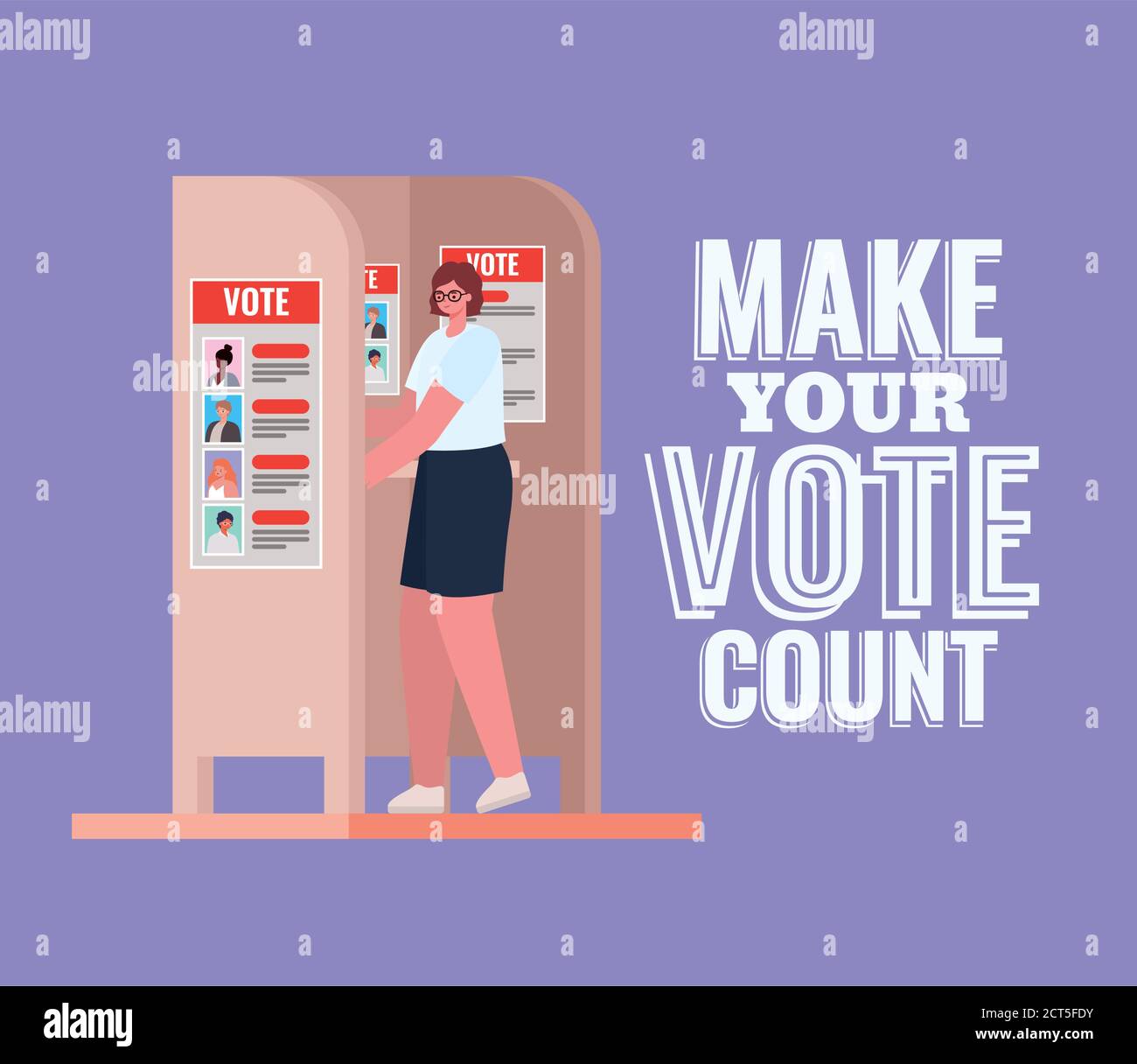 woman at voting booth with make your vote count text vector design ...