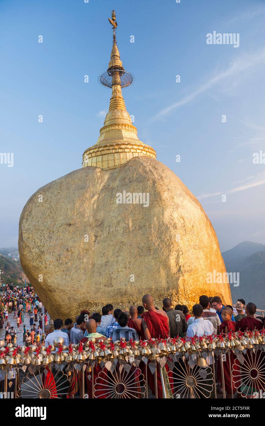 Pilgrims praying at Golden Rock Temple (Kyaiktiyo Pagoda), Mon State ...