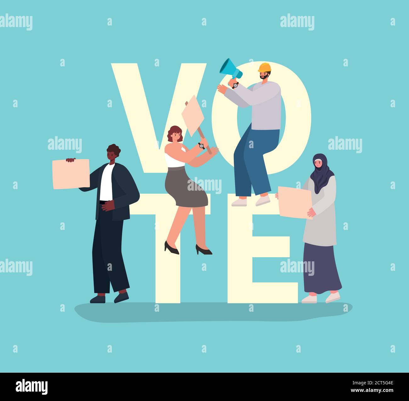 Women and men cartoons with vote banners and megaphone on blue ...