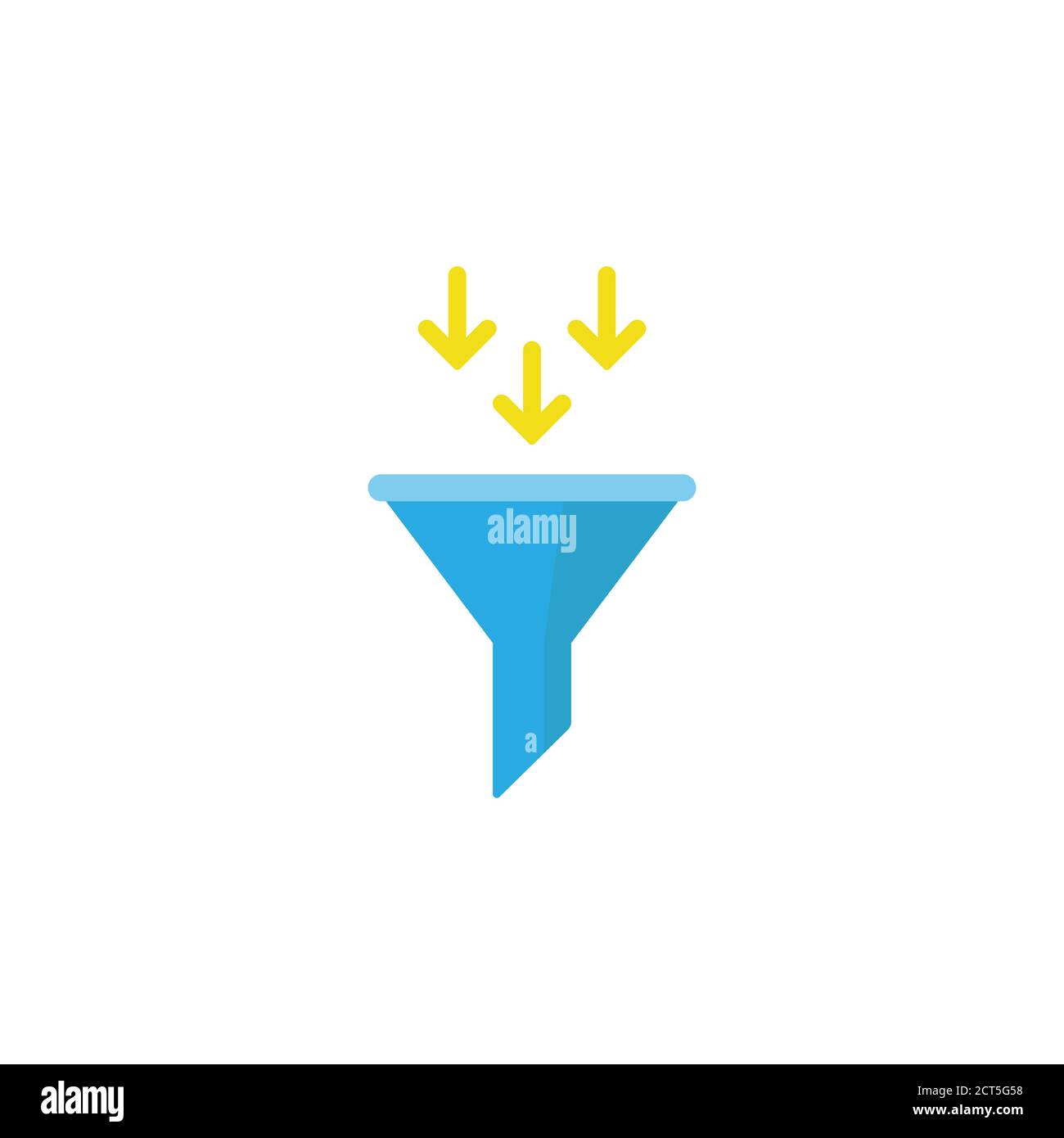 blue data filter with yellow arrows. Flat data funnel icon. isolated on ...