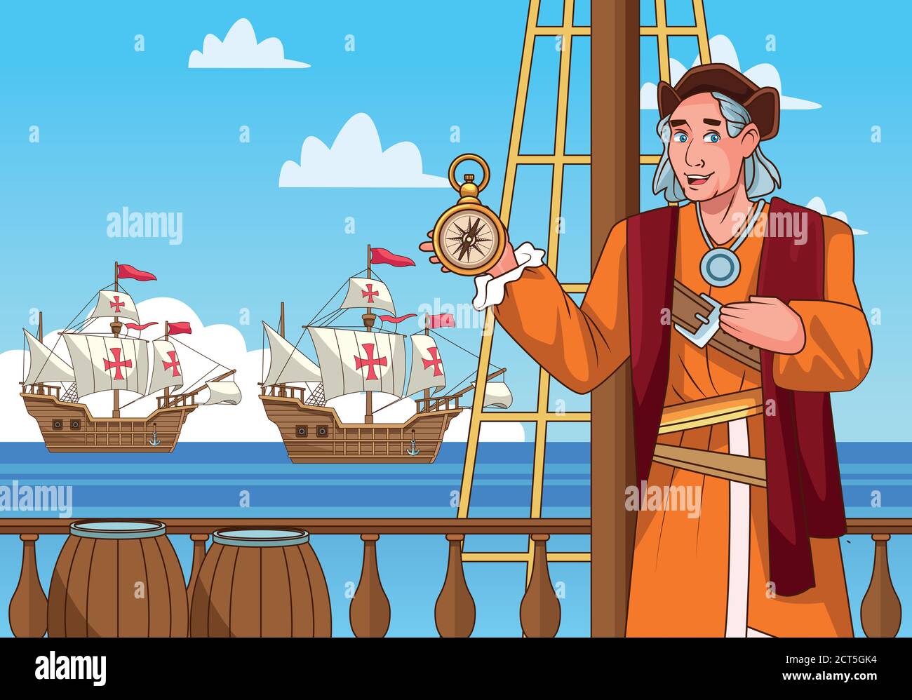 Columbus day celebration scene of christopher lifting compass guide ...