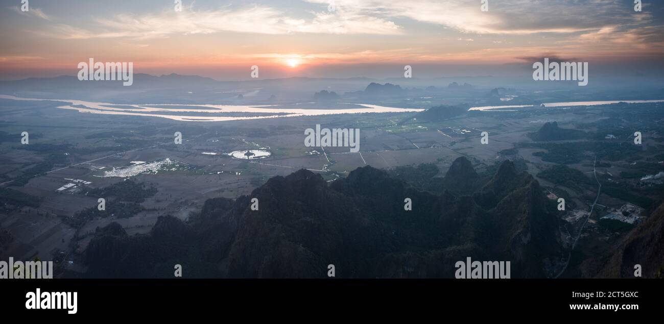 Limestone karst mountains and Thanlwin River, seen from Mount Zwegabin ...
